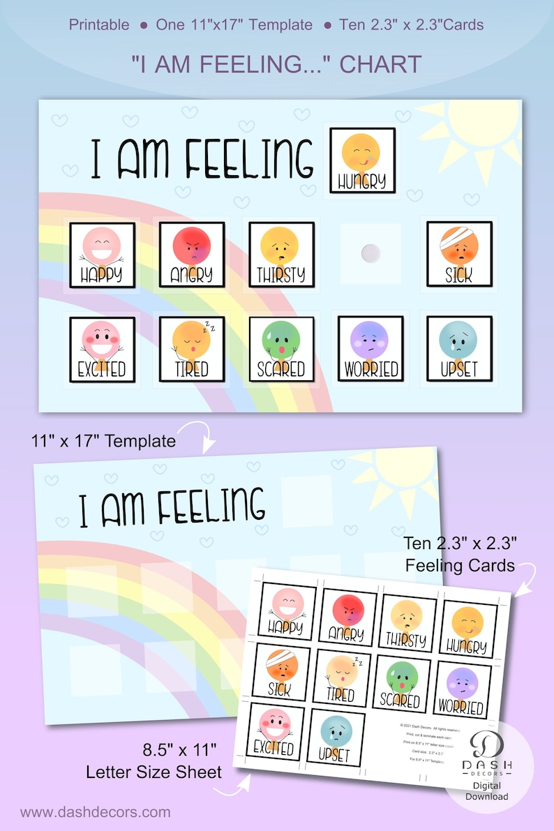 Visual I Am Feeling Chart and Cards Set for Kids, Toddlers - Printable ...