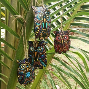 OWL Ornament Hand Carved and Hand Painted Coconut Shell Purple & Blue ...