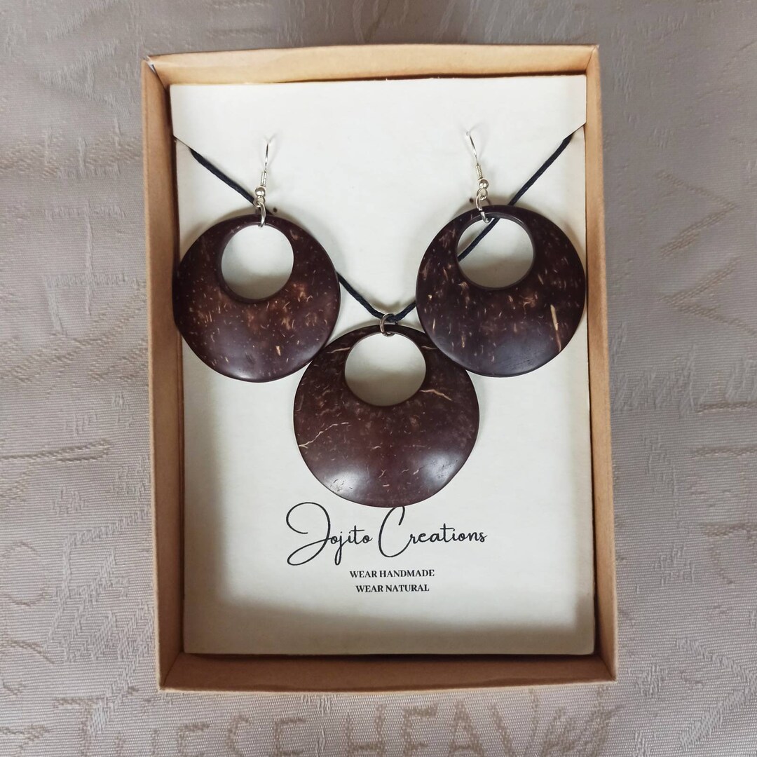 Coconut Shell Jewelry Set: Handmade Circle Earrings & Necklace - Etsy