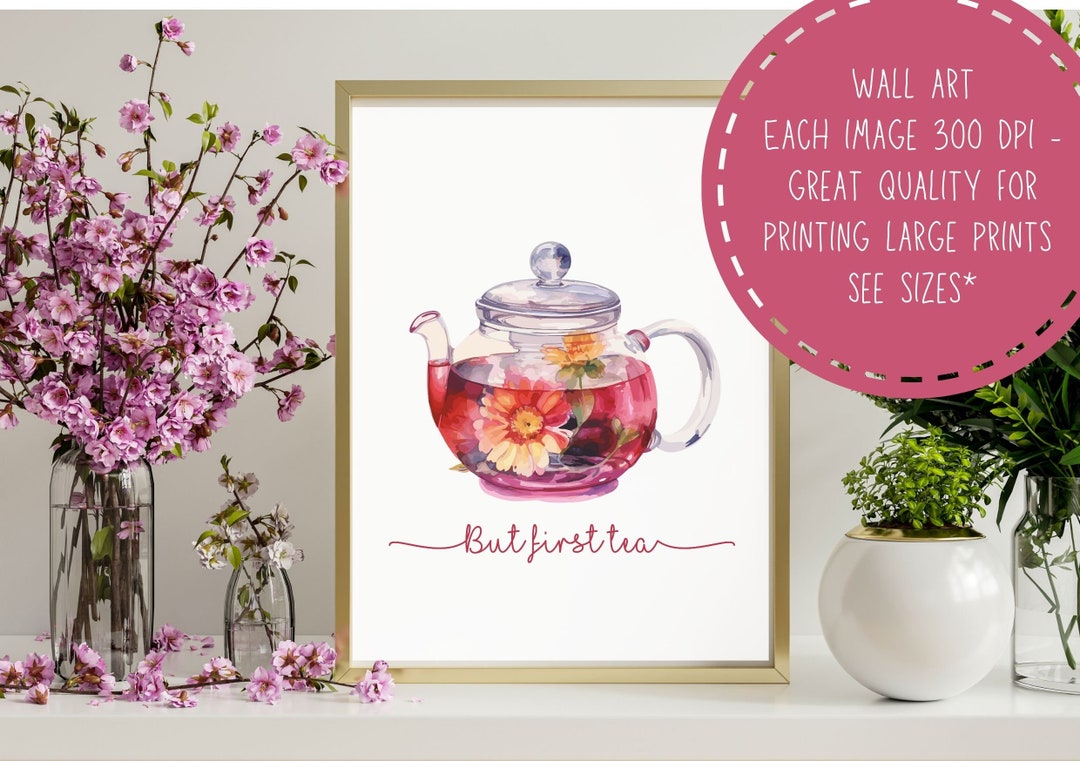 But First Tea Wall Art Decor Teapot PNG Watercolor Wall Instant ...