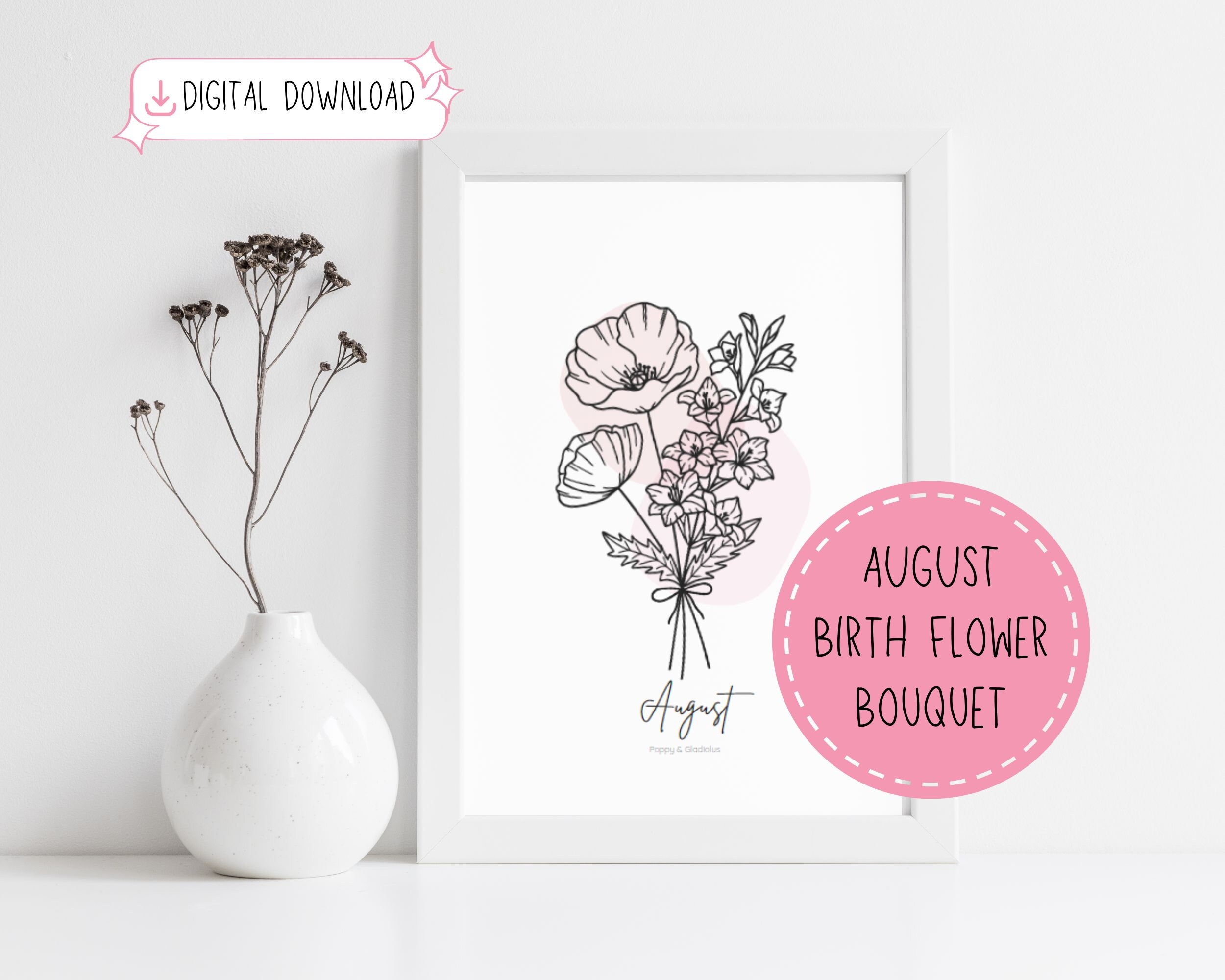 Birth Month Flower Bouquet August Gift Line Art Wall Minimal Floral ...