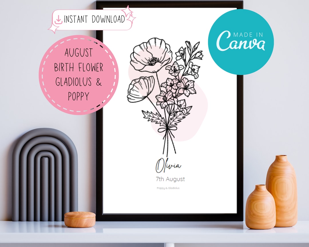 Personalised Birth Month Flower Bouquet August Gift Line Art Wall ...