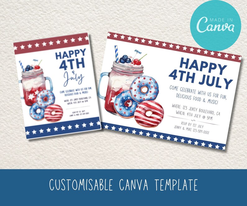 4th of July Invites Canva Template Patriotic Invitation Editable 4th of ...