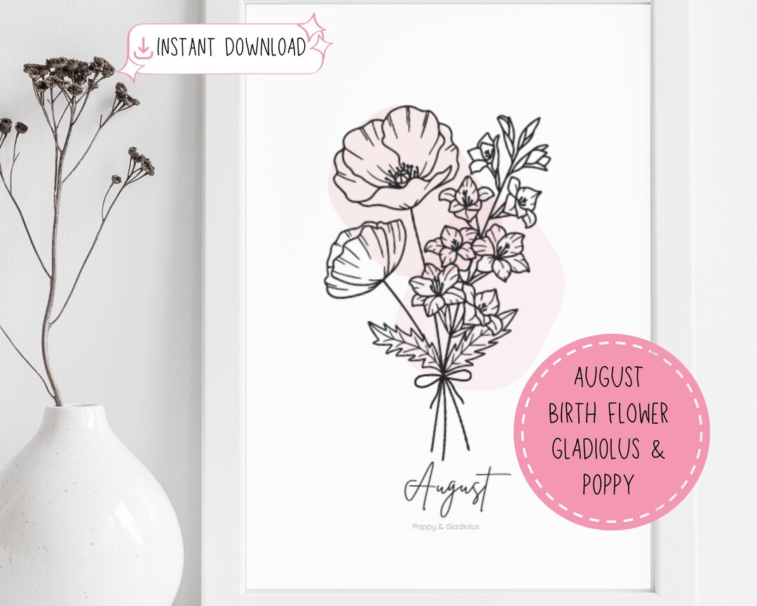 Birth Month Flower Bouquet August Gift Line Art Wall Minimal Floral ...