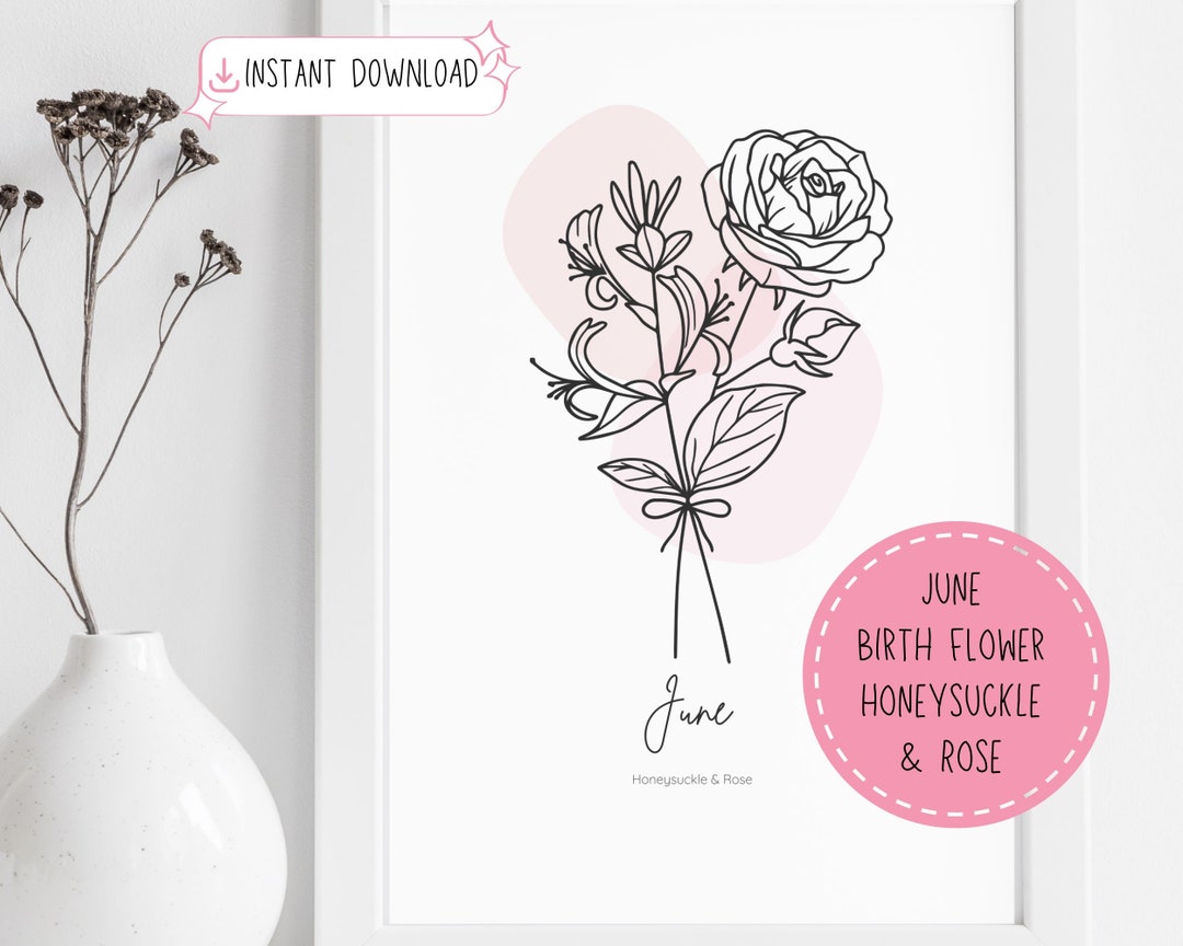 Birth Month Flower Bouquet June Gift Line Art Wall Minimal Floral ...