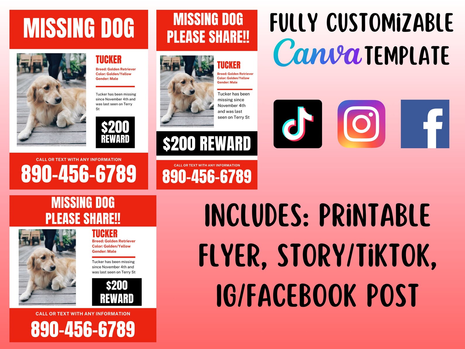 Missing Dog Flyer Kit, Lost Dog Poster Set, Social Media Package ...
