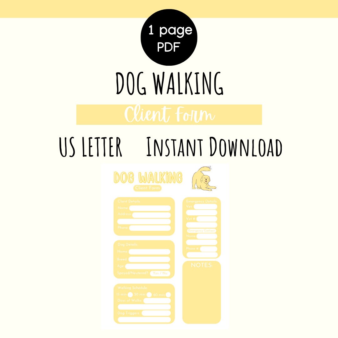 Dog Walking Client Form, Yellow, 100% Customizable, Canva Template ...