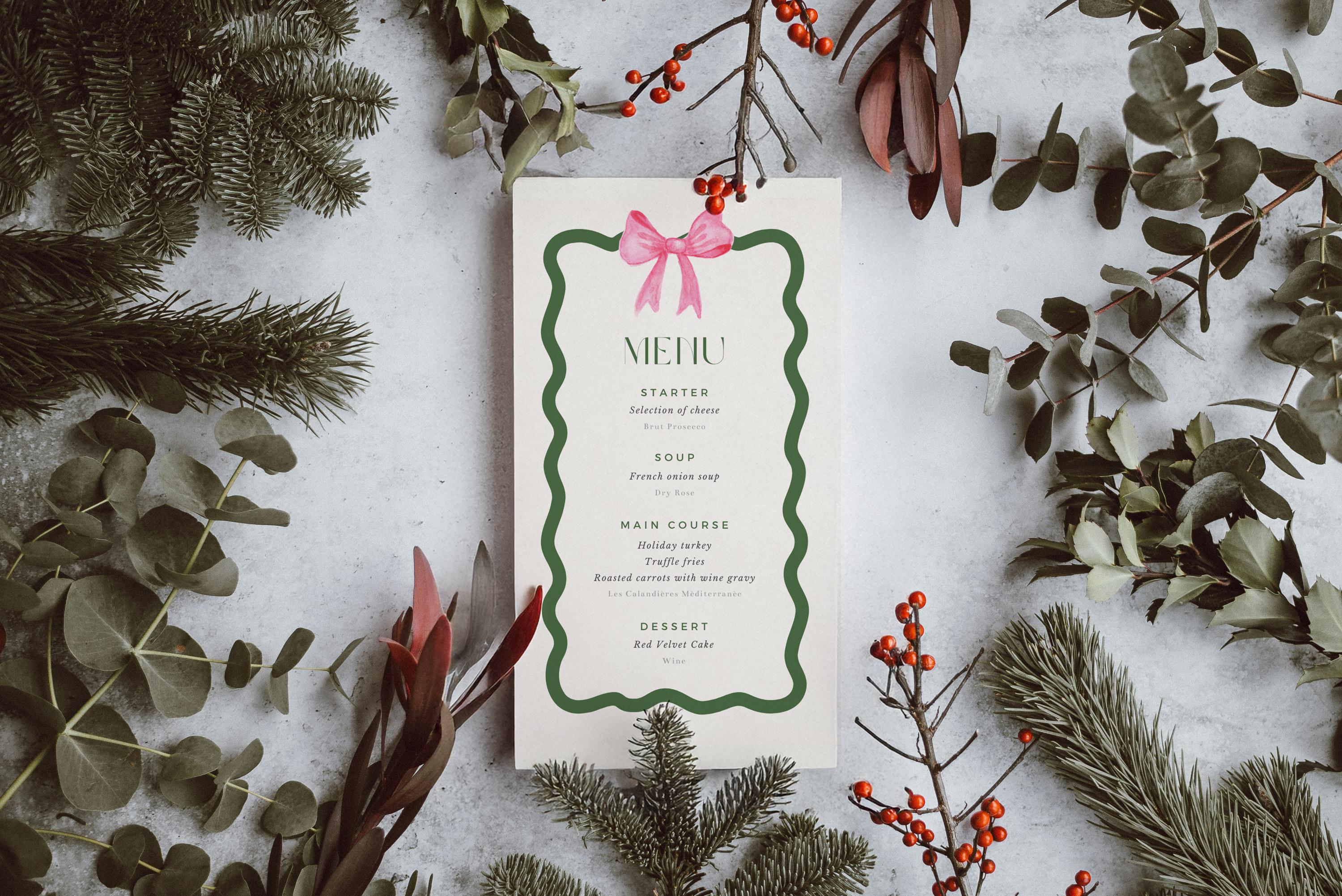 Editable Dinner Menu Template – Holiday Party Menu With Pink Watercolor ...