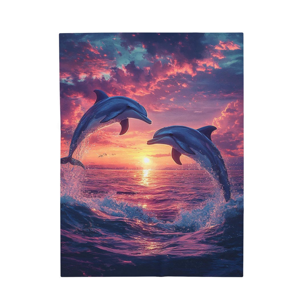 Plush Blanket, Dolphins Sunset Ocean Print, Cozy Throw for Winter, Home ...