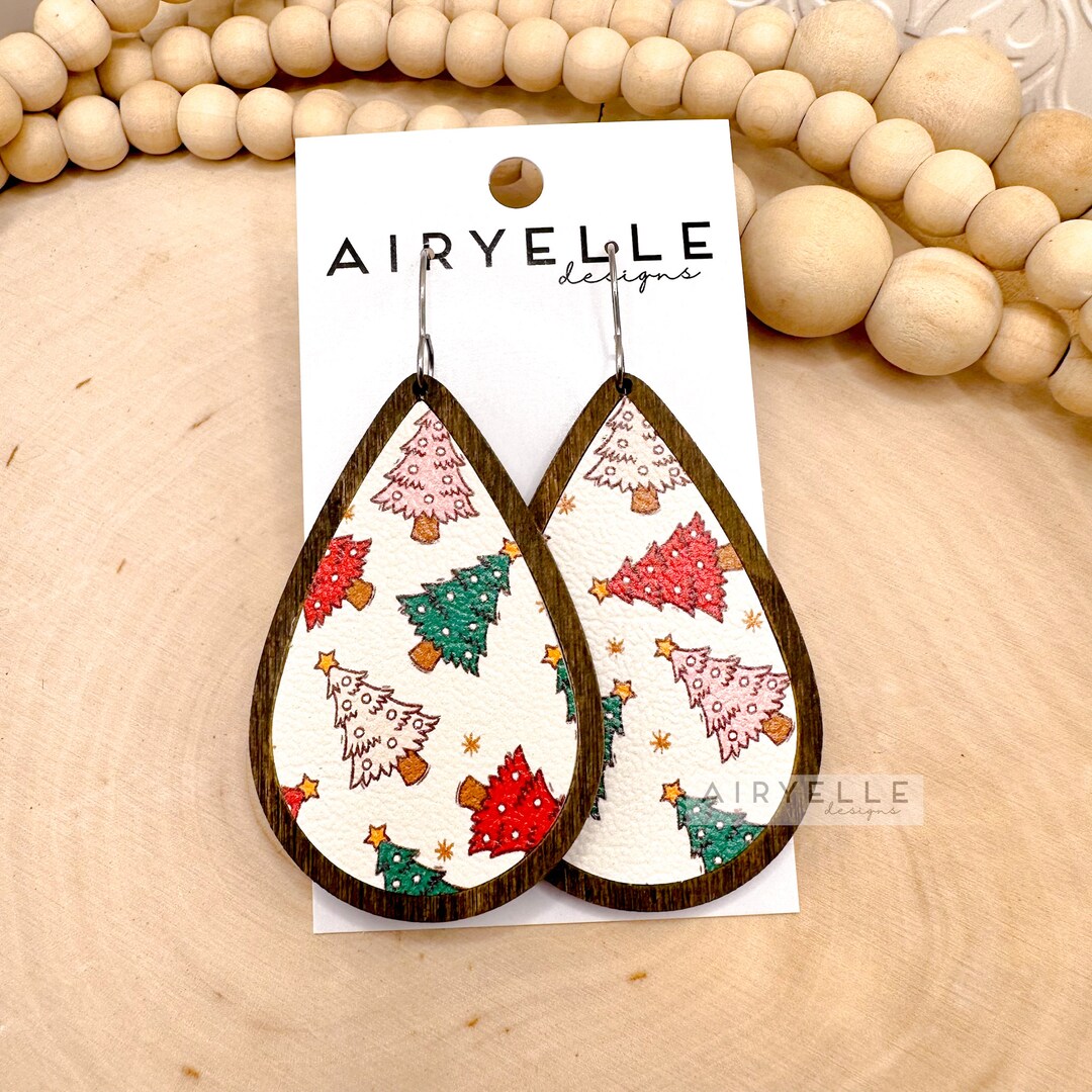 Whimsical Christmas Tree Wood + Vegan Leather Earrings | CHRISTMAS ...