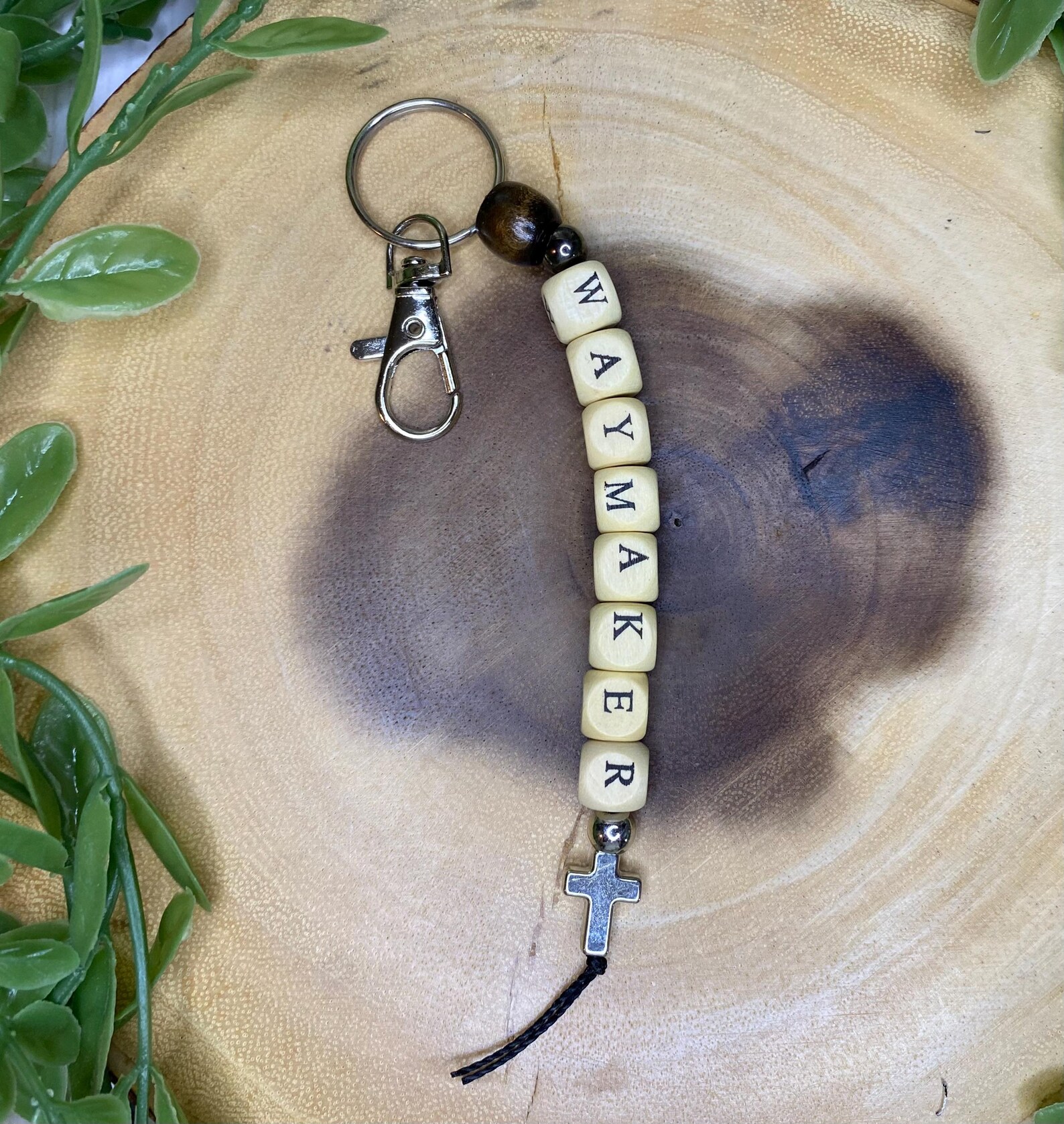 Christian Wooden Beaded Word Keychain With Silver Cross - Etsy