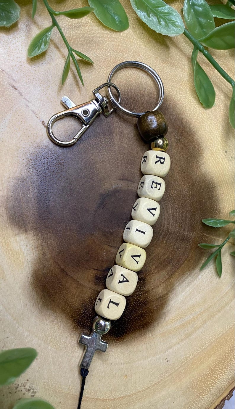 Christian Wooden Beaded Word Keychain With Silver Cross - Etsy