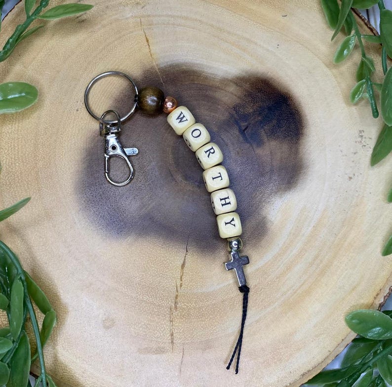 Christian Wooden Beaded Word Keychain With Silver Cross - Etsy