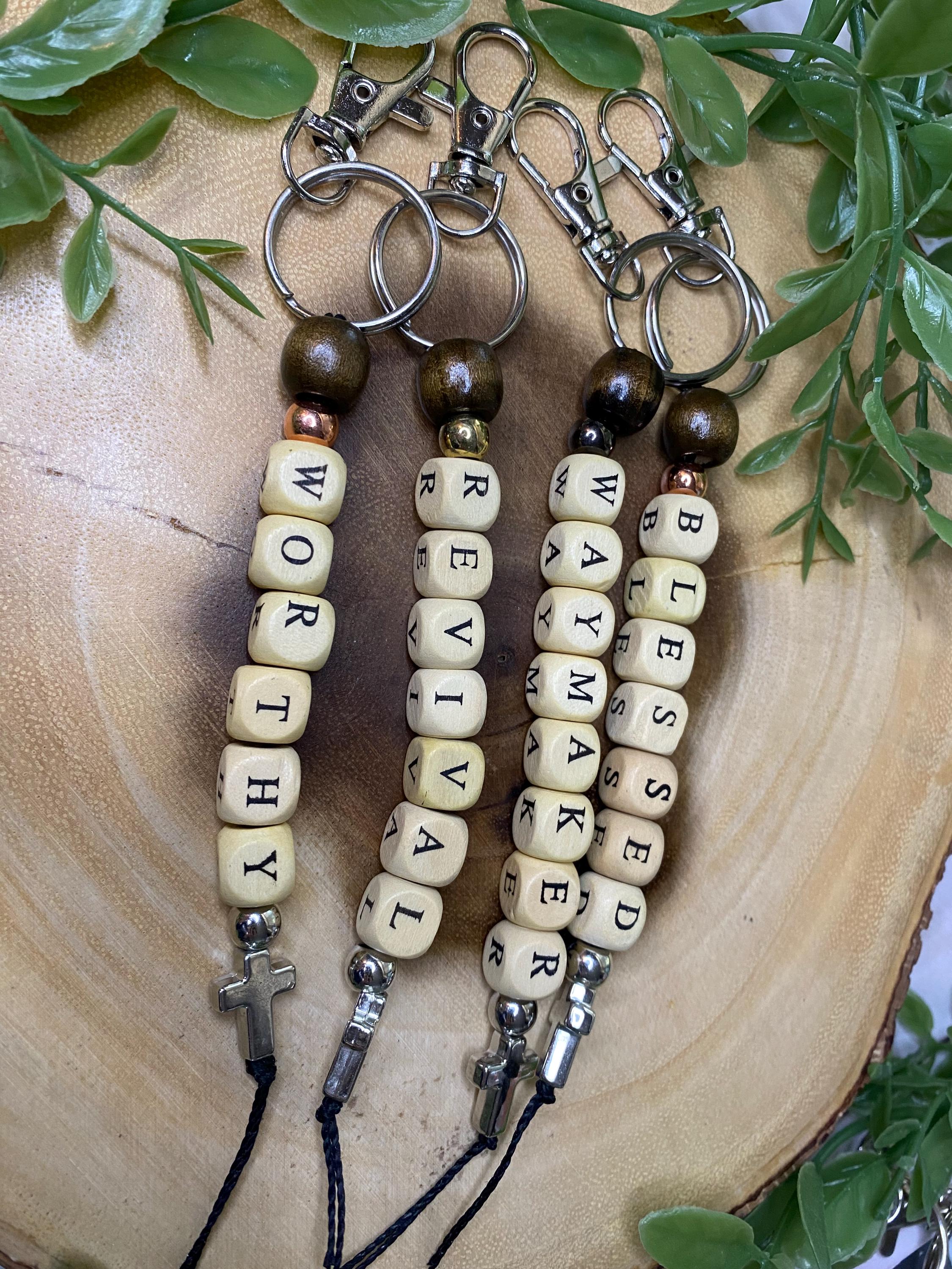 Christian Wooden Beaded Word Keychain With Silver Cross - Etsy