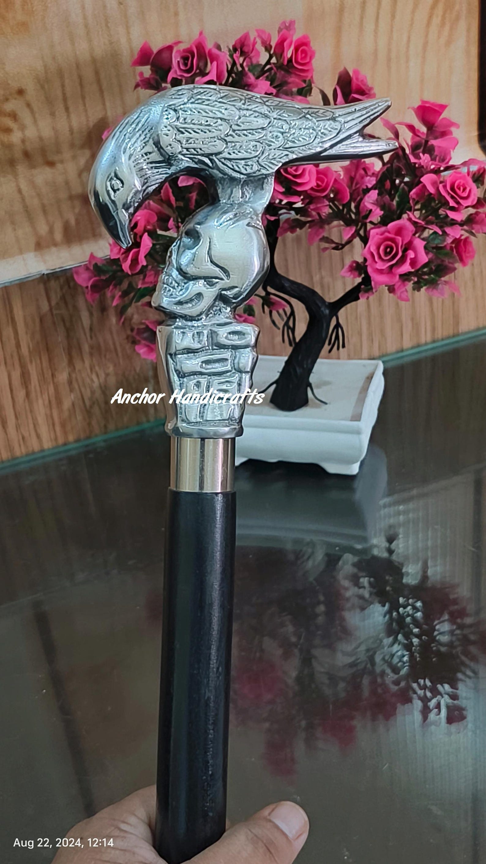 Handmade Raven on Skeletal Head Handle Black Wooden Steampunk Walking ...