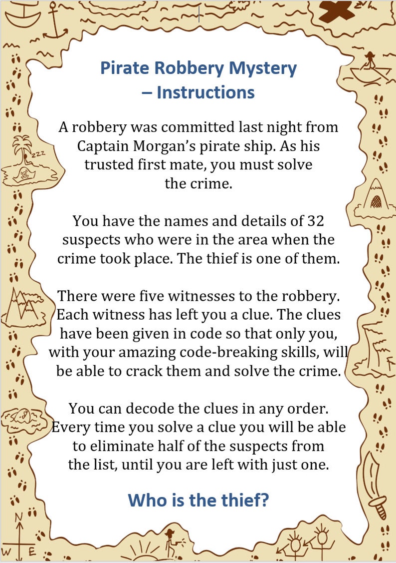 Pirate Robbery Mystery Game for Kids Instant Download - Etsy