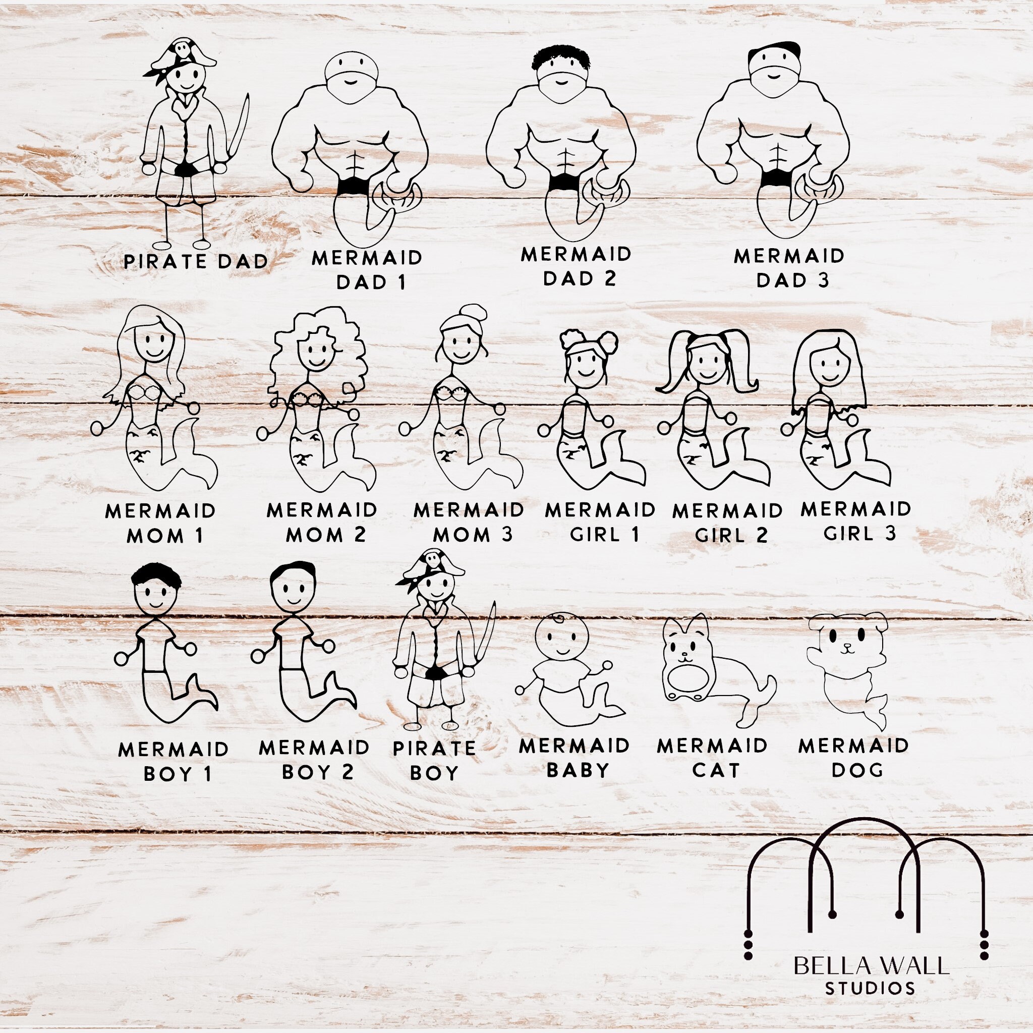 Mermaid Stick Figure Family Car Decal / Pirate Stick Family Car Sticker ...