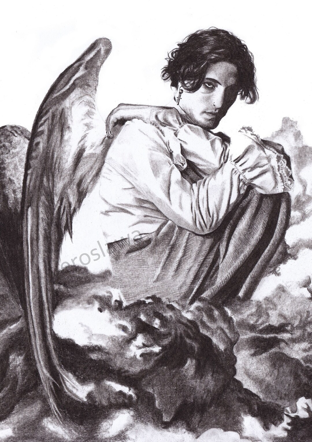 Damiano David as Ikarus Måneskin Charcoal Drawing Print Poster Portrait ...