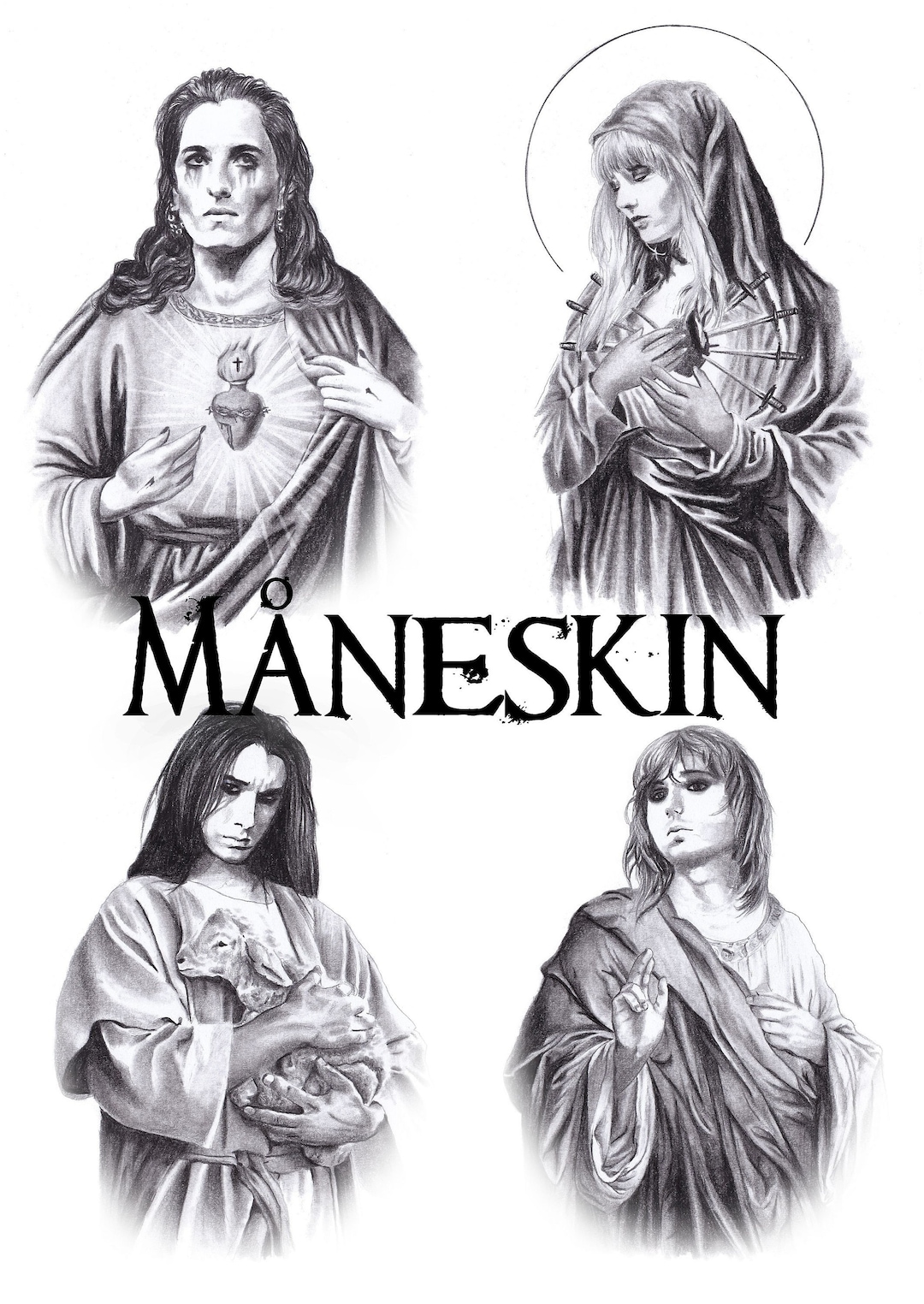 Måneskin Pencil Drawing Print Damiano David Victoria De Angelis Thomas ...