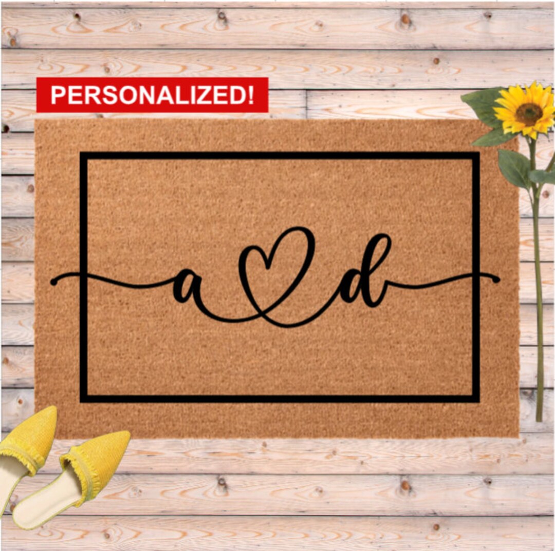 Two Script Lowercase Initial Monogram Doormat With Heart and Border ...