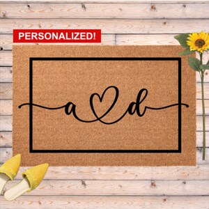 Two Script Lowercase Initial Monogram Doormat With Heart and Border ...