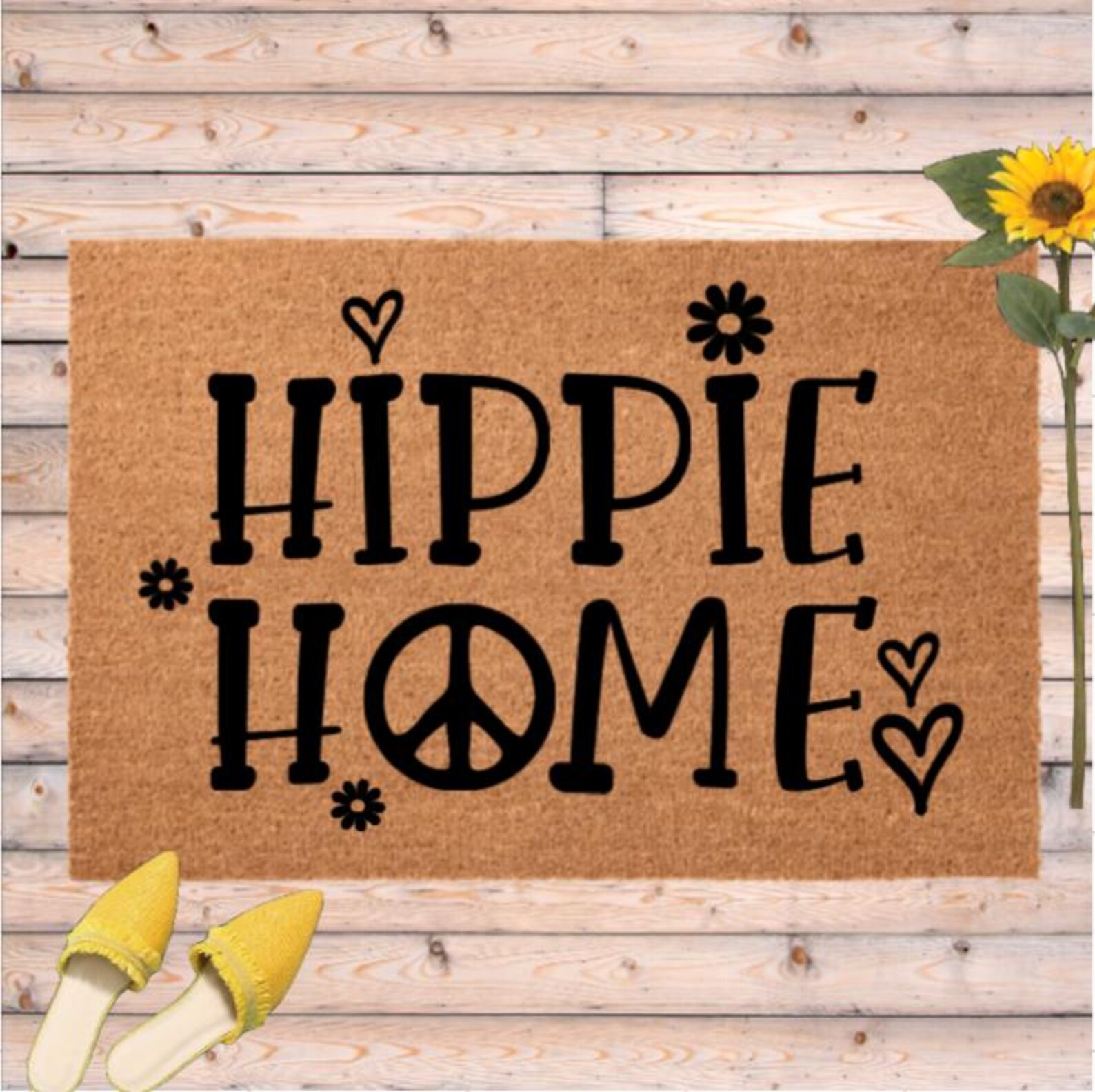 Hippie Home Doormat, Peace Sign Symbol Coir Welcome Mat, Daisy 60's ...