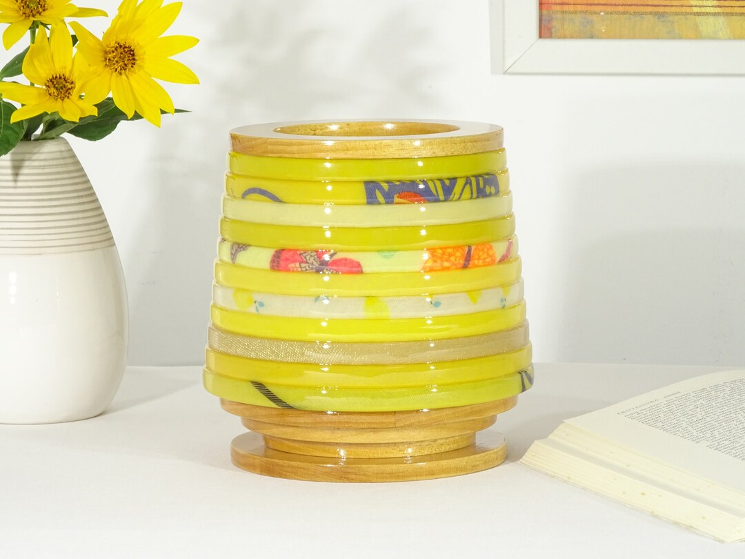 Small Yellow Table Lamp, Resin Fabric Wood Decorative Light, Handmade ...