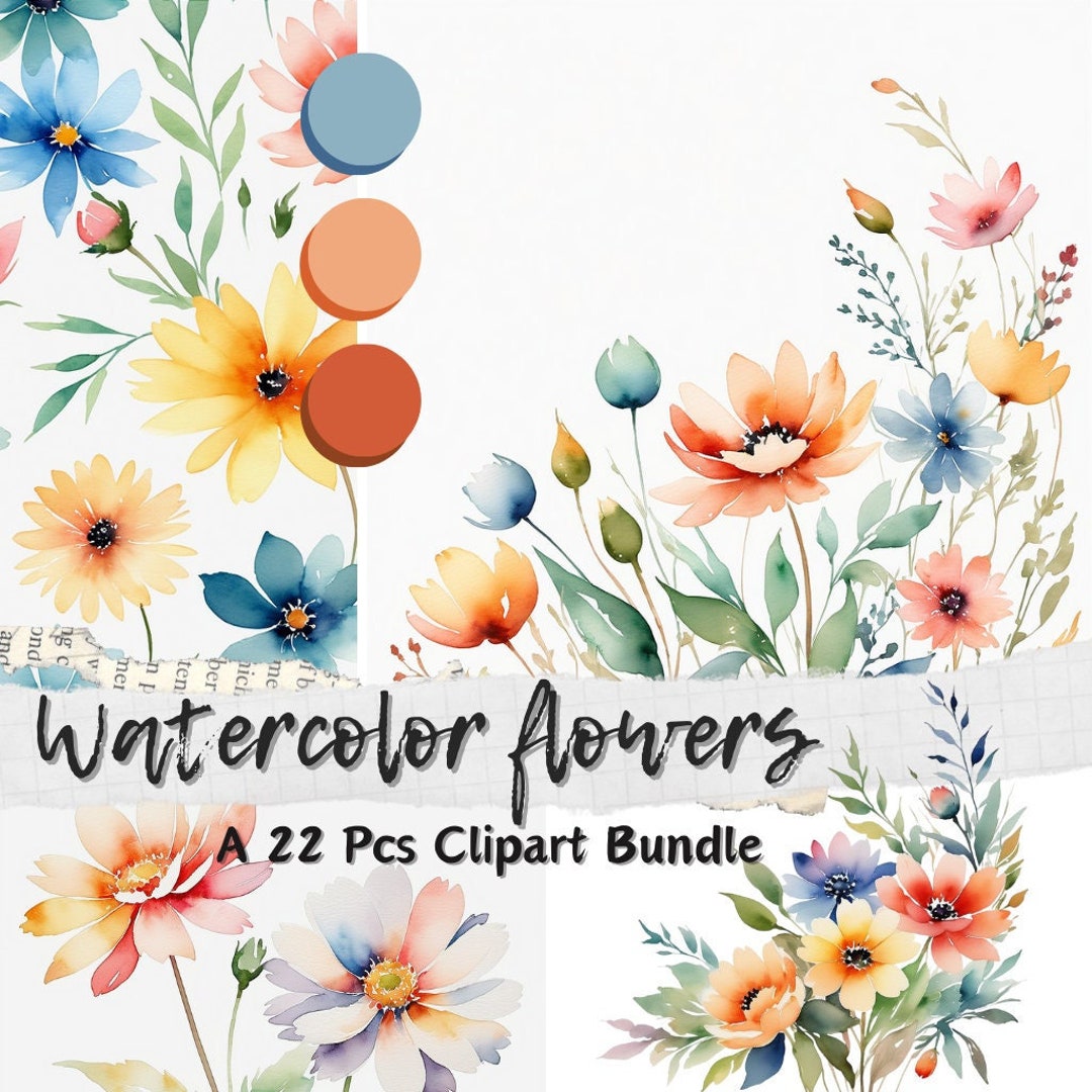 Watercolor Flower Clipart Bundle: 22 Pcs Floral Digital Elements for ...