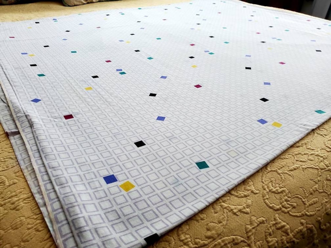 Queen Flat Sheet With Geometric Square Pattern, 60/40 Cotton Polyester ...