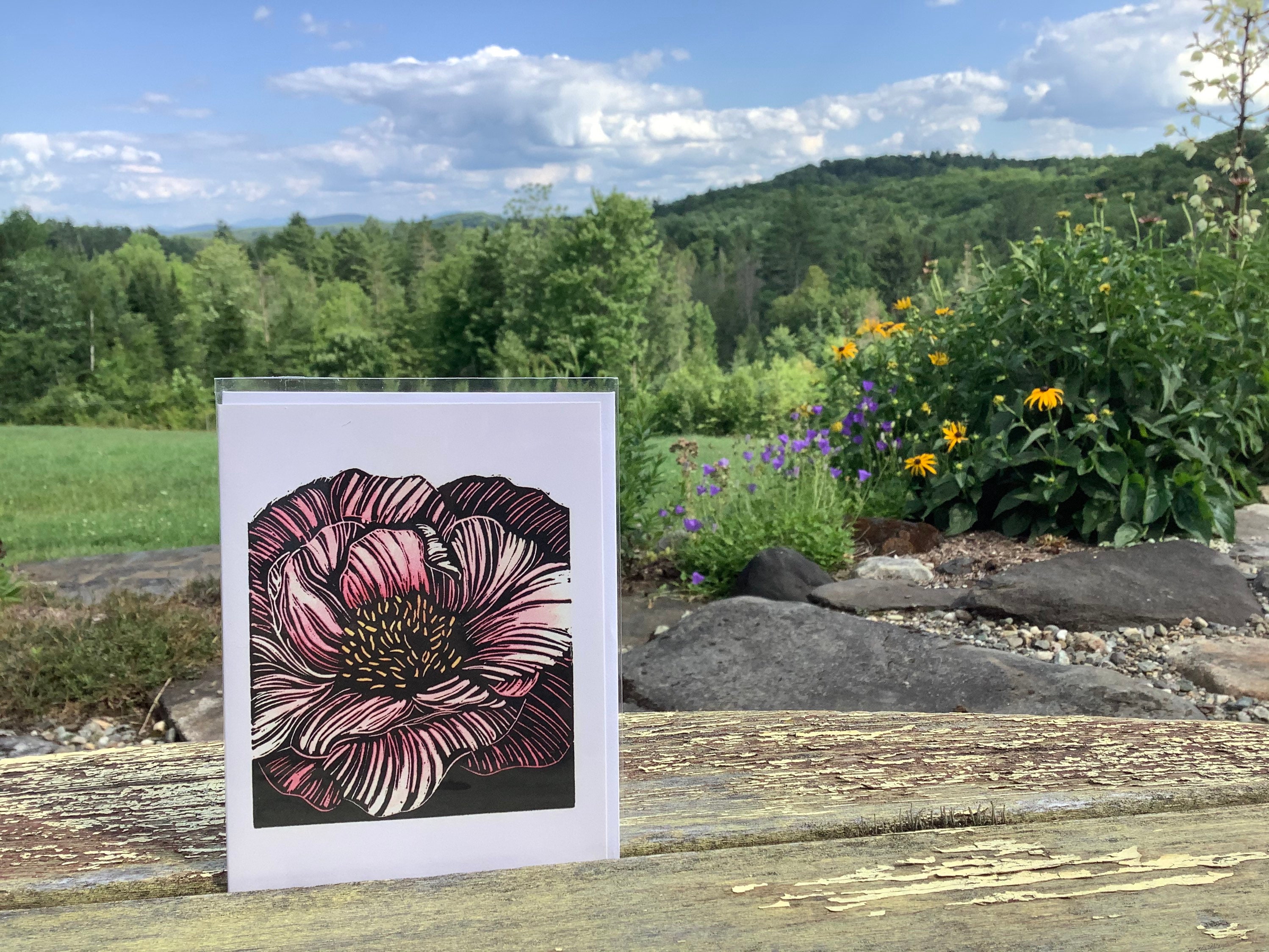 Peony Block Print Note Cards, Blank Note Cards, Flower Linocut Note ...