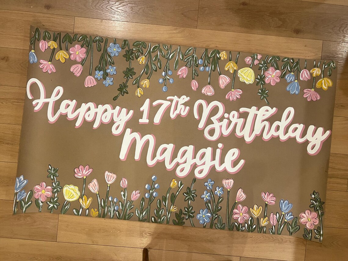Floral Birthday Banner / Hand Painted Banner / Brown Paper Banner ...