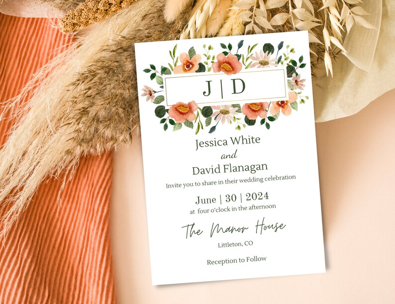 Peach and Sage Floral Wedding Invitation and RSVP Card - Etsy