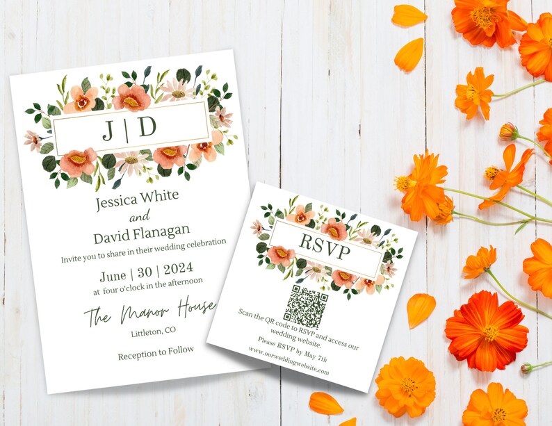Peach and Sage Floral Wedding Invitation and RSVP Card - Etsy