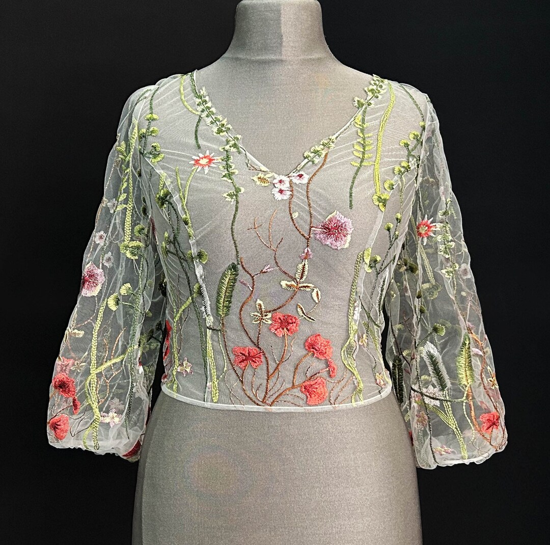 Colourful Floral Pink Purple Green Lace Semi Sheer Puff Bridal Bolero ...