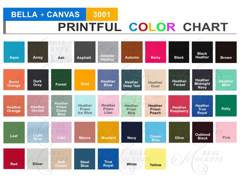 Printful Colors for Bella Canvas 3001 - Printful Color Chart - JPG and ...