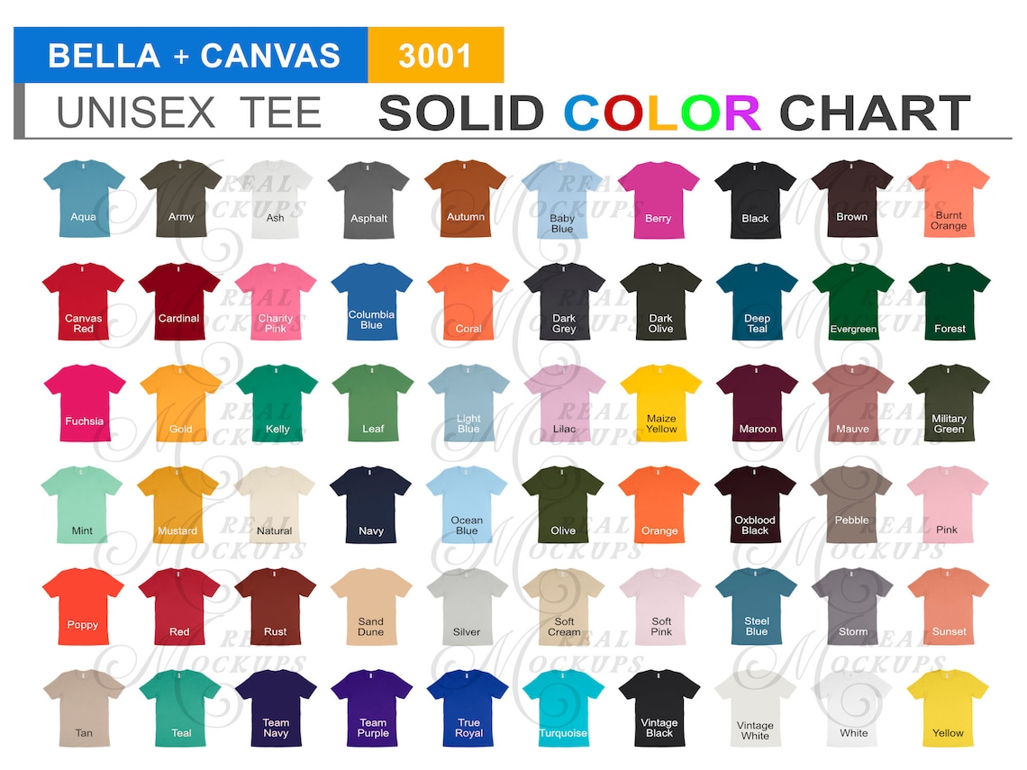 Bella Canvas 3001 Solid Color Chart ALL Solid Colors JPG - Etsy
