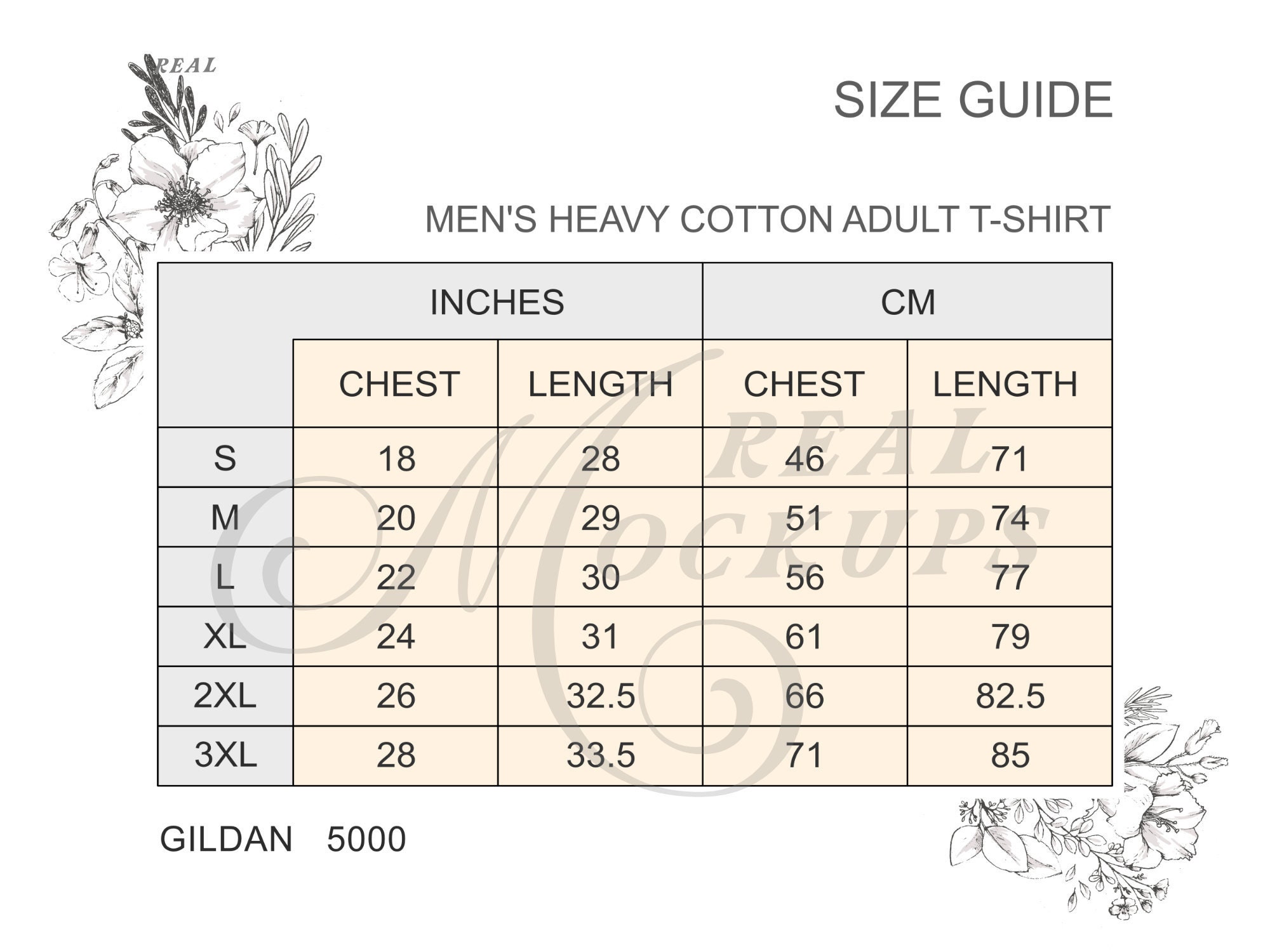 Visual Arts Craft Supplies & Tools SIZE CHART HEAVY Cotton Unisex Tee ...