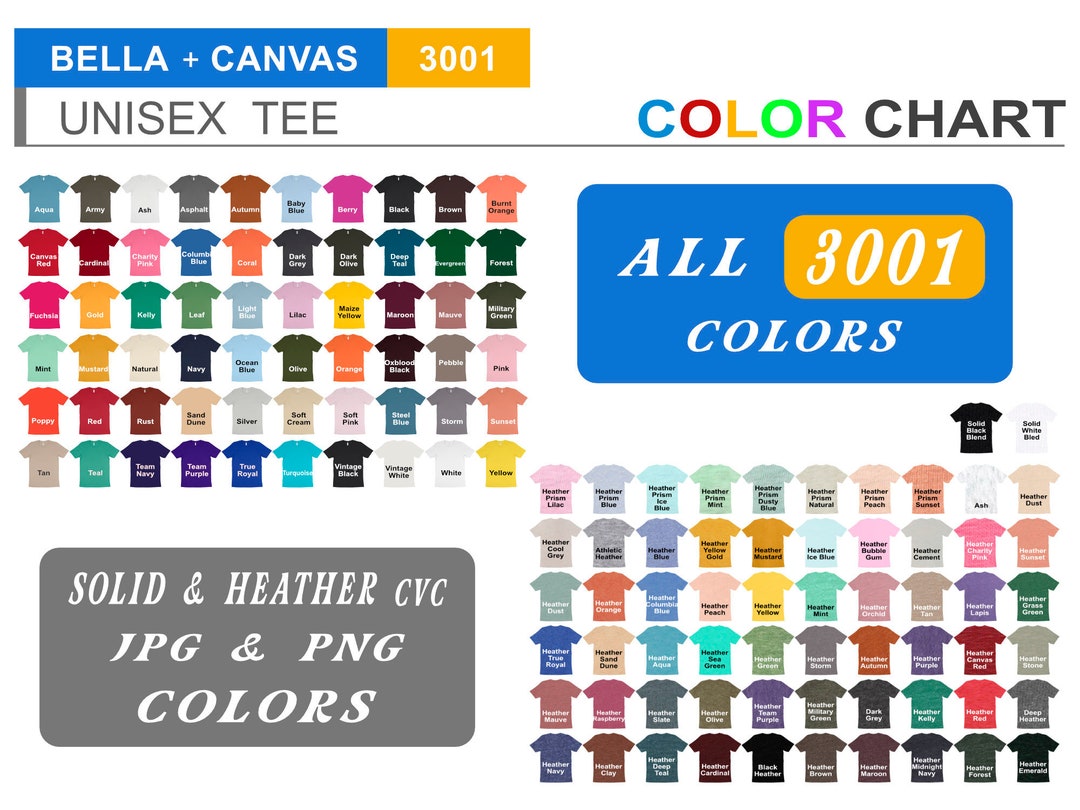 Bella Canvas 3001 Solid and Heather Cvc Color Chart | ALL Bella Canvas ...