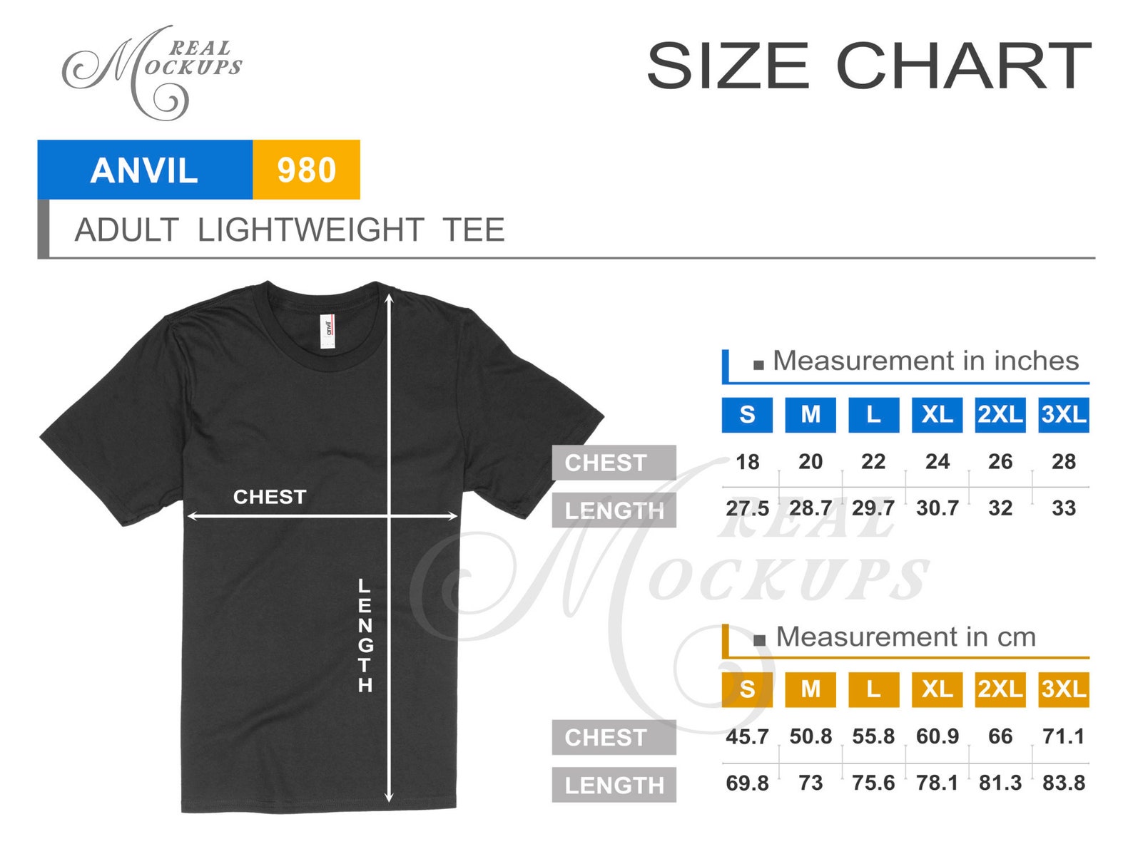 Anvil 980 Size Chart | Adult Lightweight Tee Size Guide | Anvil Size ...