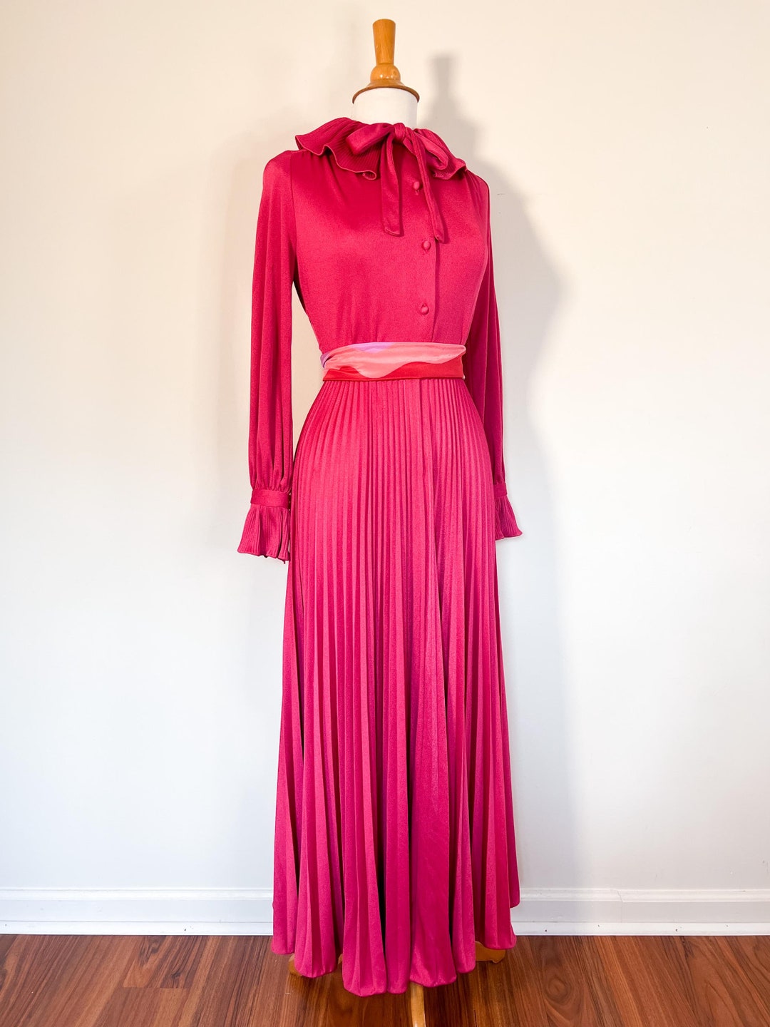 70s Vintage Raspberry Maxi Dress / Miss Elliette / Accordion Pleat ...