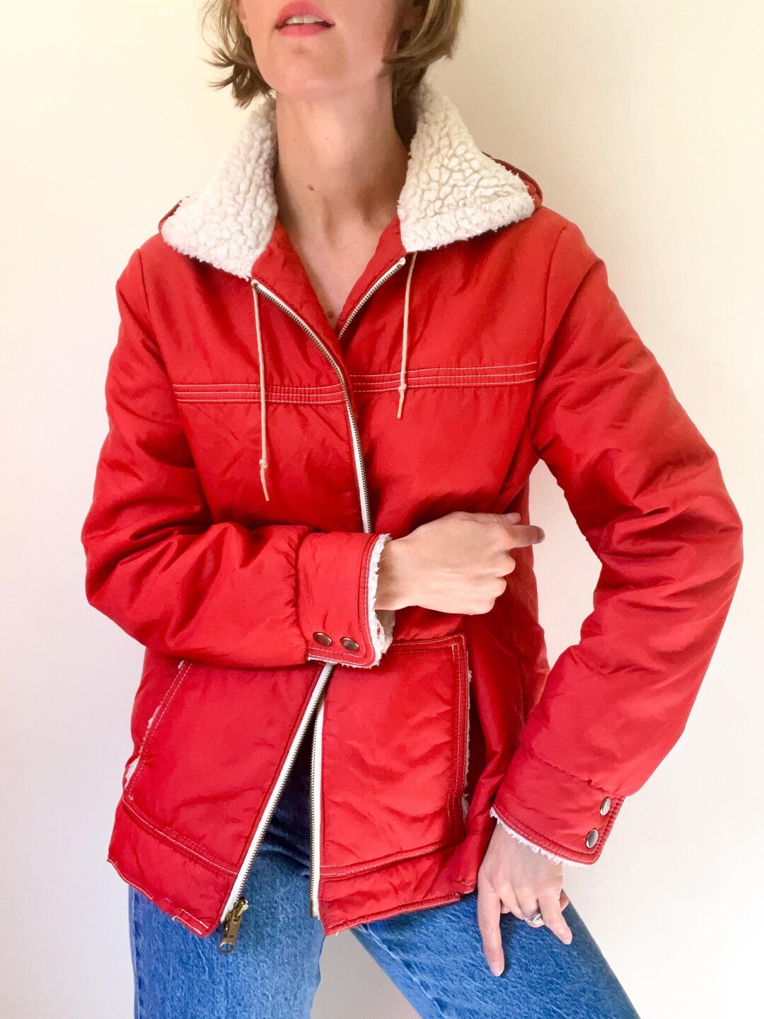 70s Vintage WHITE STAG Retro Fleece Trimmed Jacket / Dark Orange Red ...