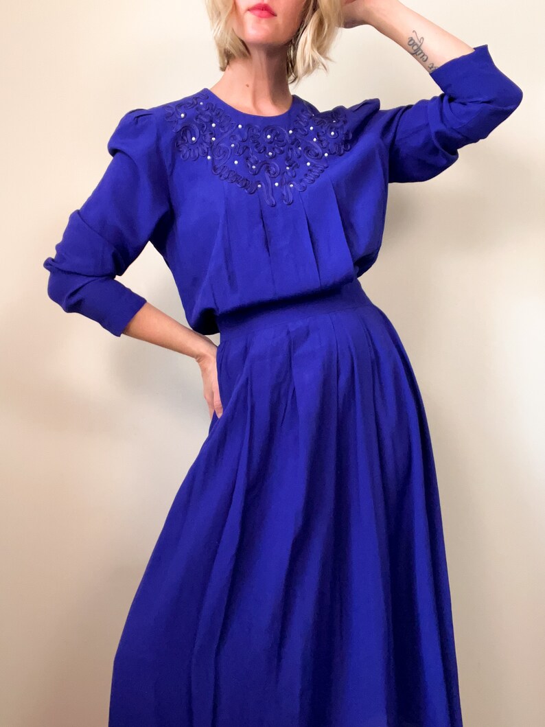Vintage Violet Embroidered Midi Dress / Long Puff Sleeves / Fitted ...