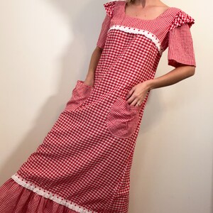 70s Vintage Gingham Prairie Dress / Handmade / Red White Gingham ...