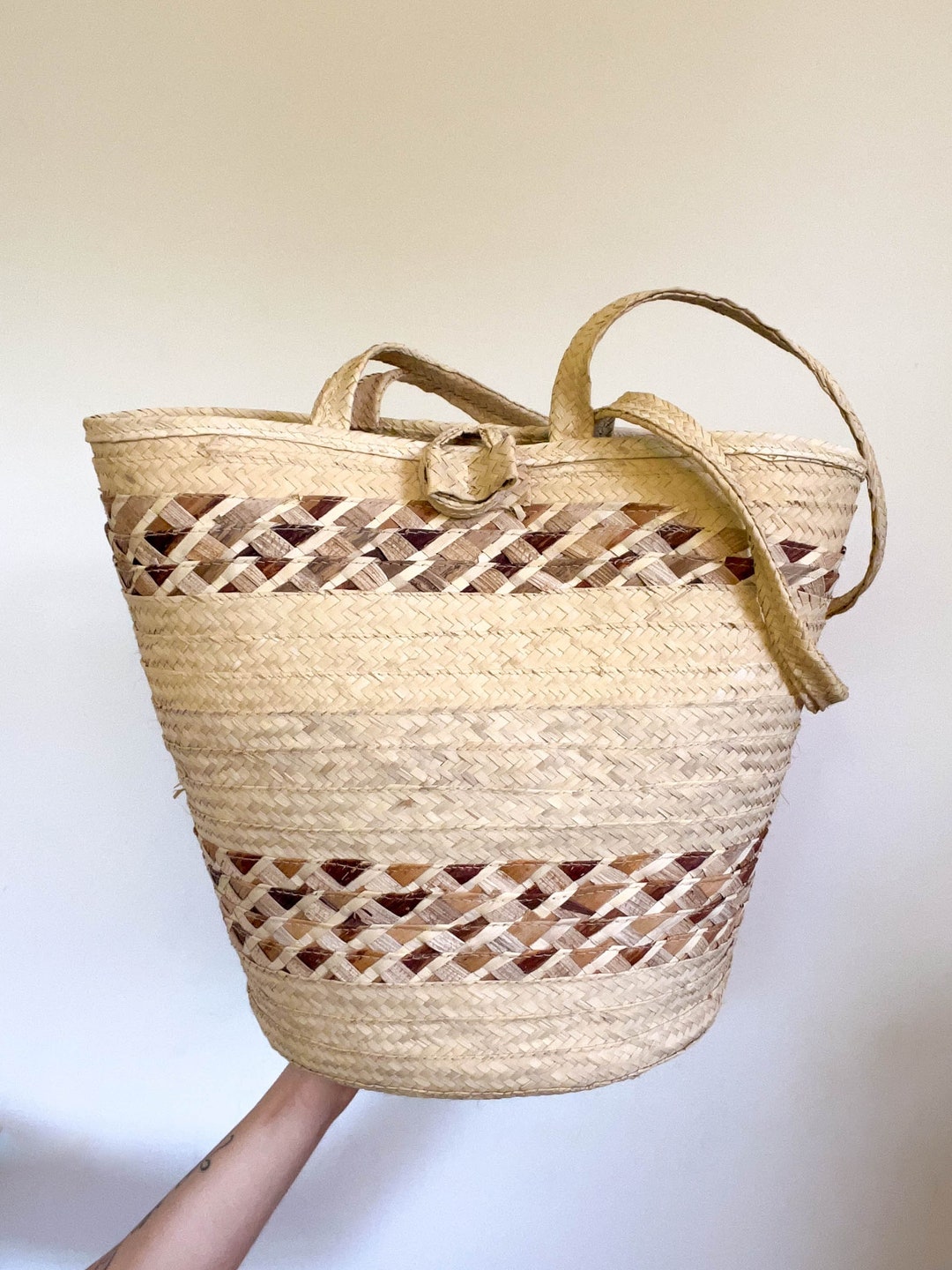 Vintage Hand-crafted Straw Bucket Bag / Made in Haiti / Oversized Straw ...