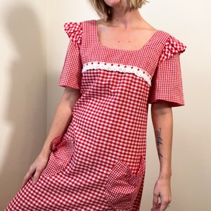 70s Vintage Gingham Prairie Dress / Handmade / Red White Gingham ...