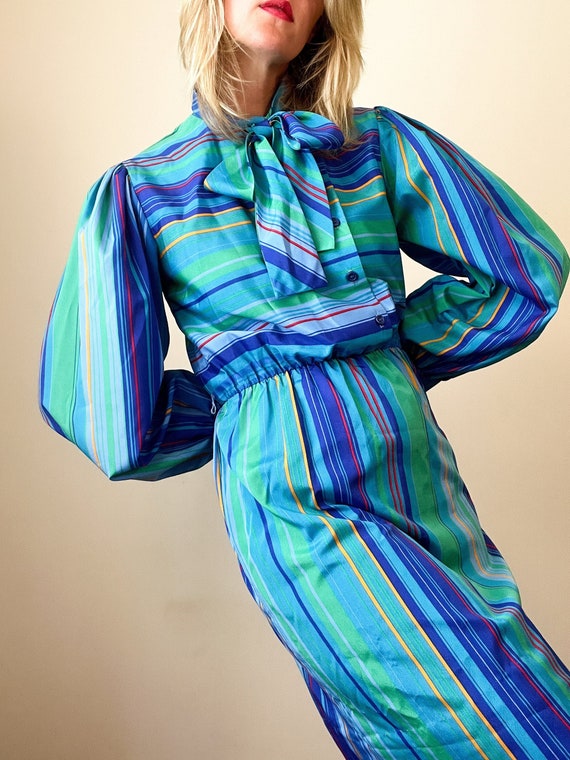 80s Vintage Pussy Bow Dress Long Bishop Sleeves E… Gem