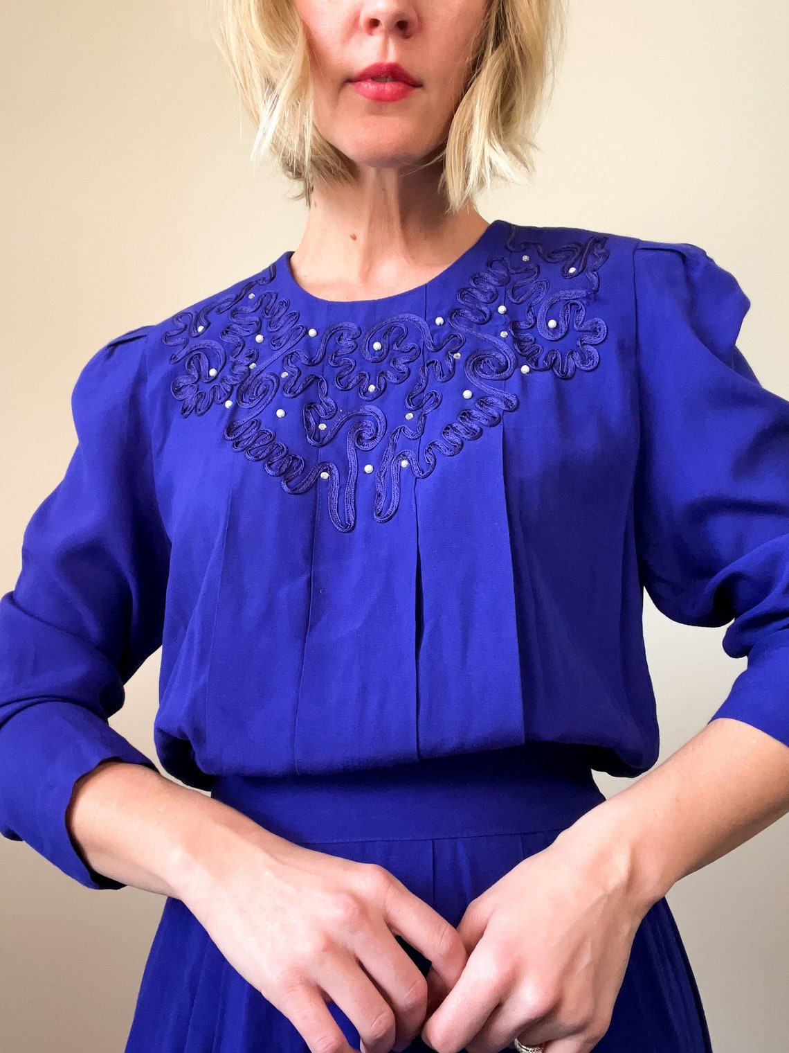 Vintage Violet Embroidered Midi Dress / Long Puff Sleeves / Fitted ...