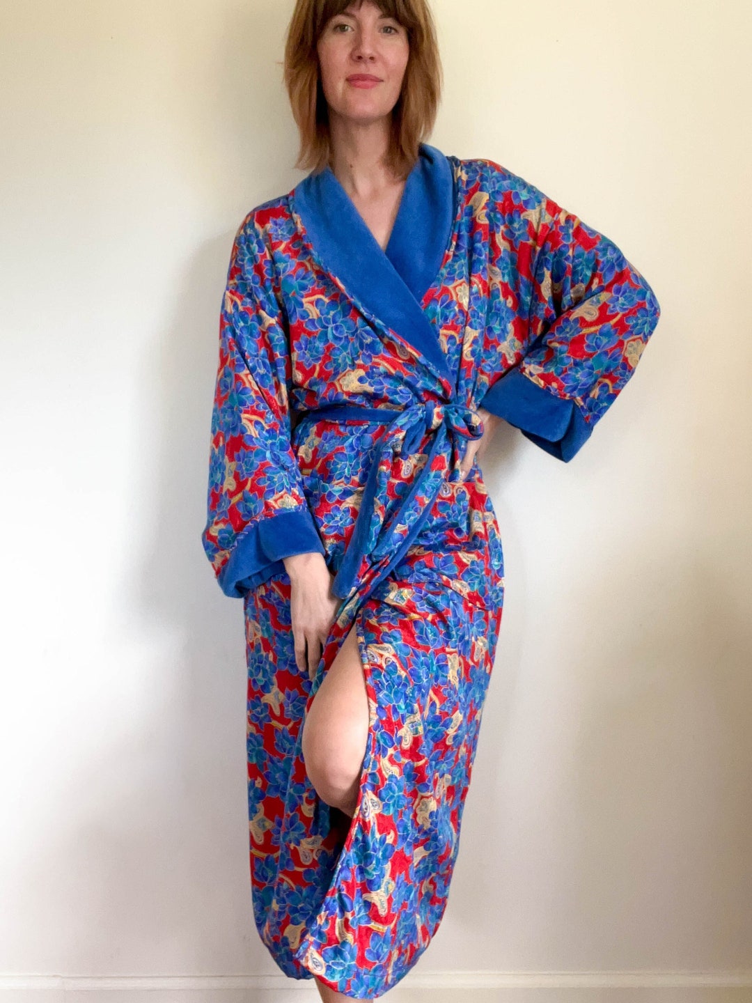 90s Vintage Paisley Floral Robe / Made by Cypress / Blue Red Gold ...