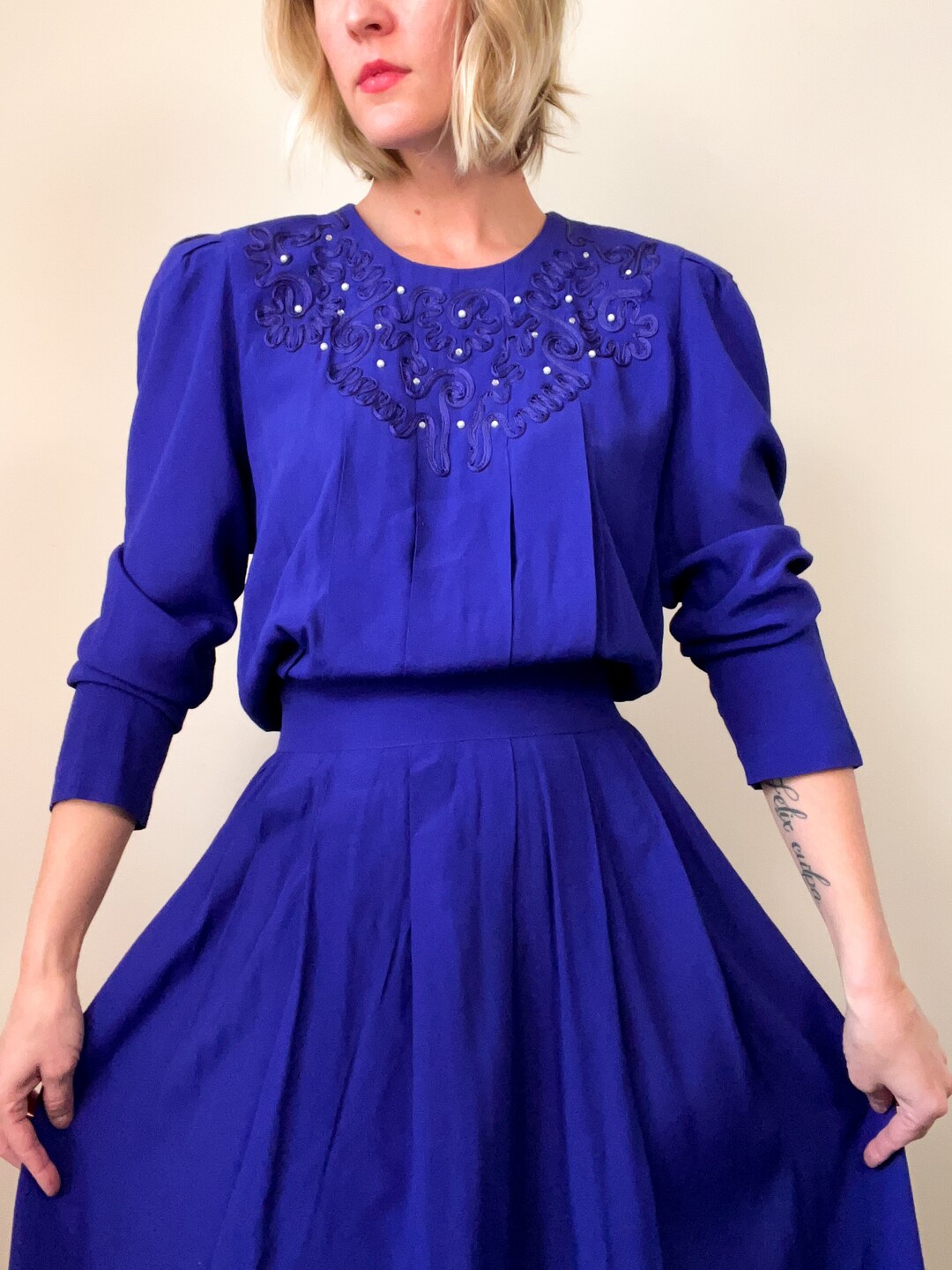 Vintage Violet Embroidered Midi Dress / Long Puff Sleeves / Fitted ...