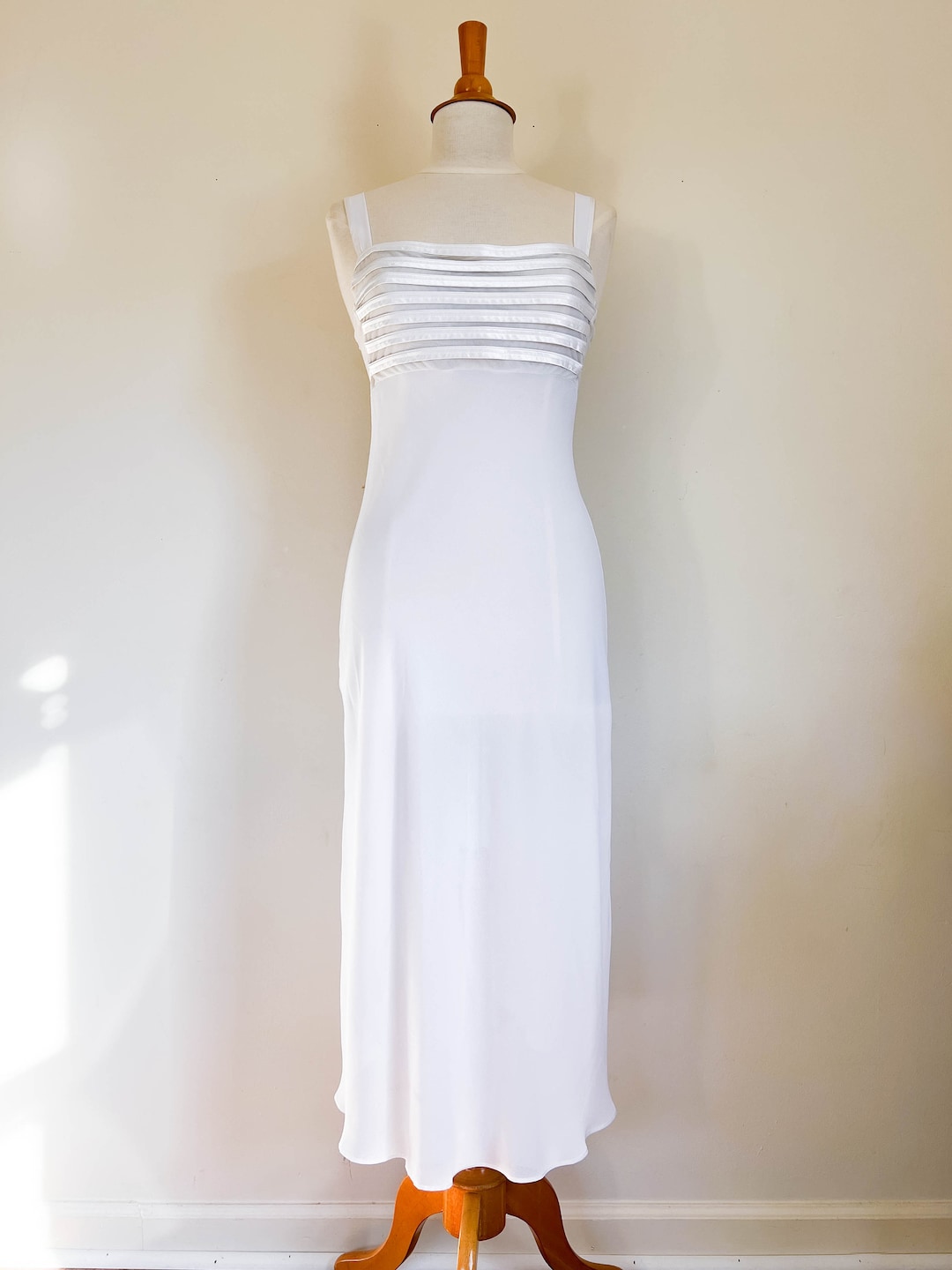 Vintage Slinky Sheer White Nightgown / Jones New York / Satin Stripes ...